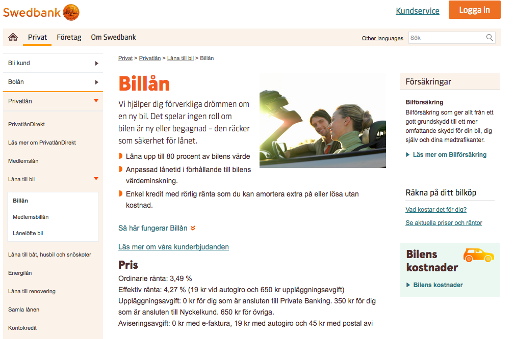 Swedbank billån - information om billån och kostnader